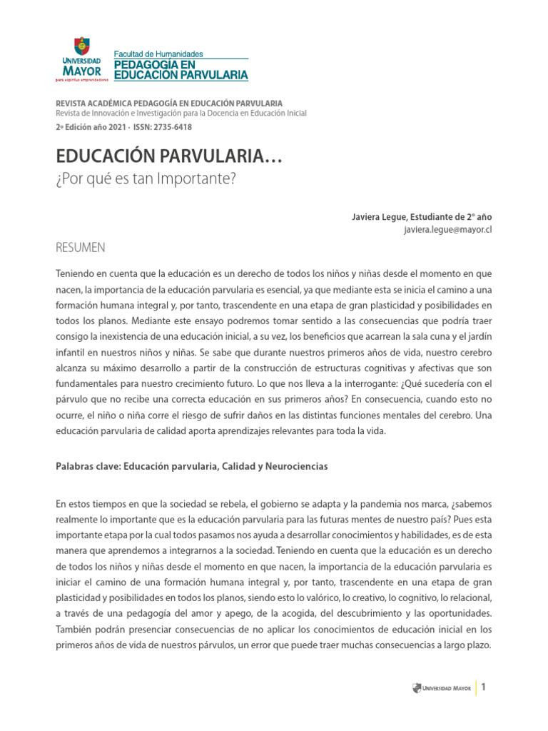 Educacion Parvularia ¿Por Que Es Tan Importante | Descargar gratis PDF | Educación de la primera ...
