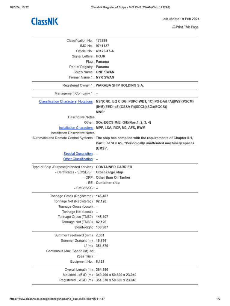 ClassNK Register of Ships - M - S ONE SWAN (CNo.173298) | PDF | Tonnage | Shipping
