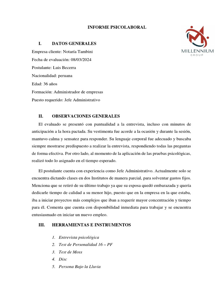 Informe Psicolaboral: Luis Becerra | PDF | Pensamiento | Ciencias del comportamiento