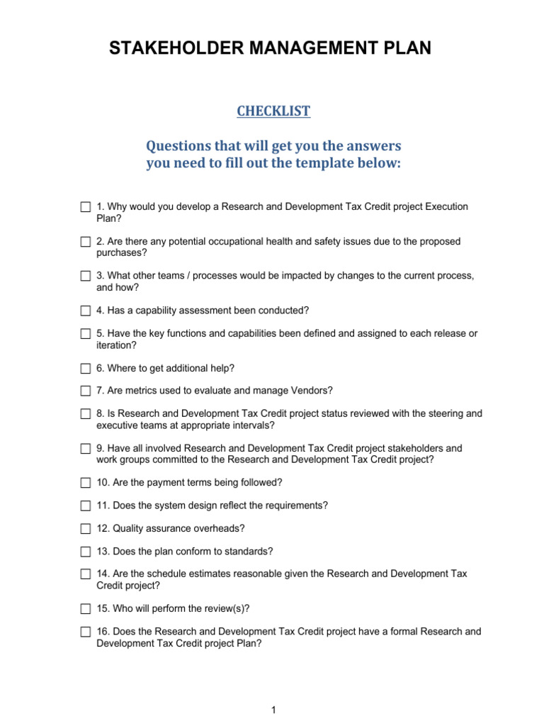 Stakeholder Management Plan Checklist | PDF | Research And Development ...