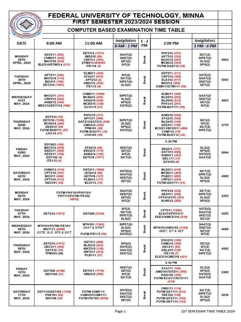2023 - 24 First Semester Exam Time Table | PDF