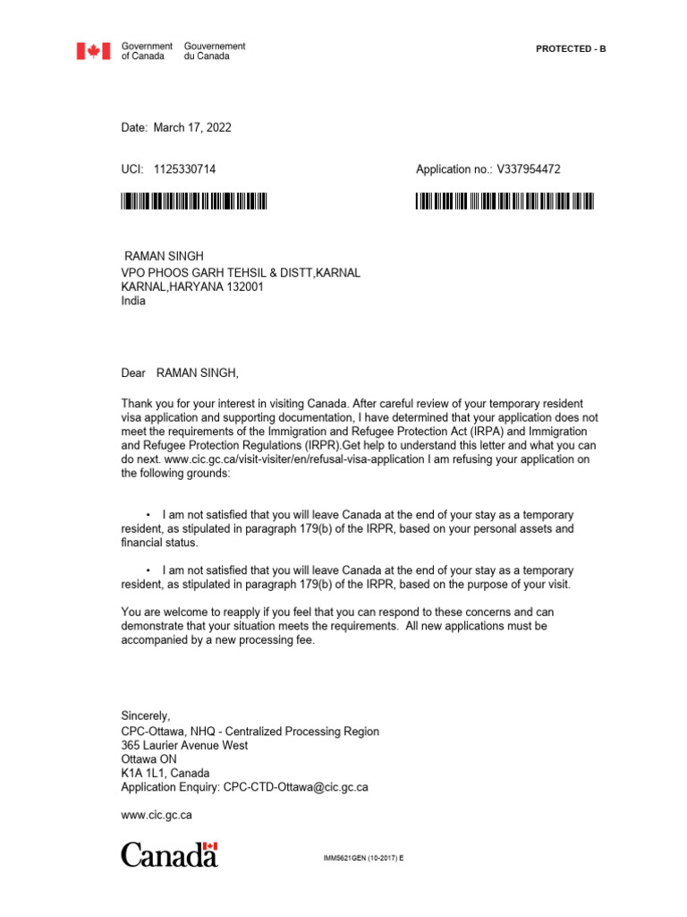 Raman - Canada Refusal Letter IMM5621GG | PDF