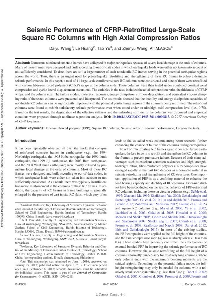 Seismic Performance of CFRP-Retrofitted Large-Scale Square RC Columns With High Axial ...
