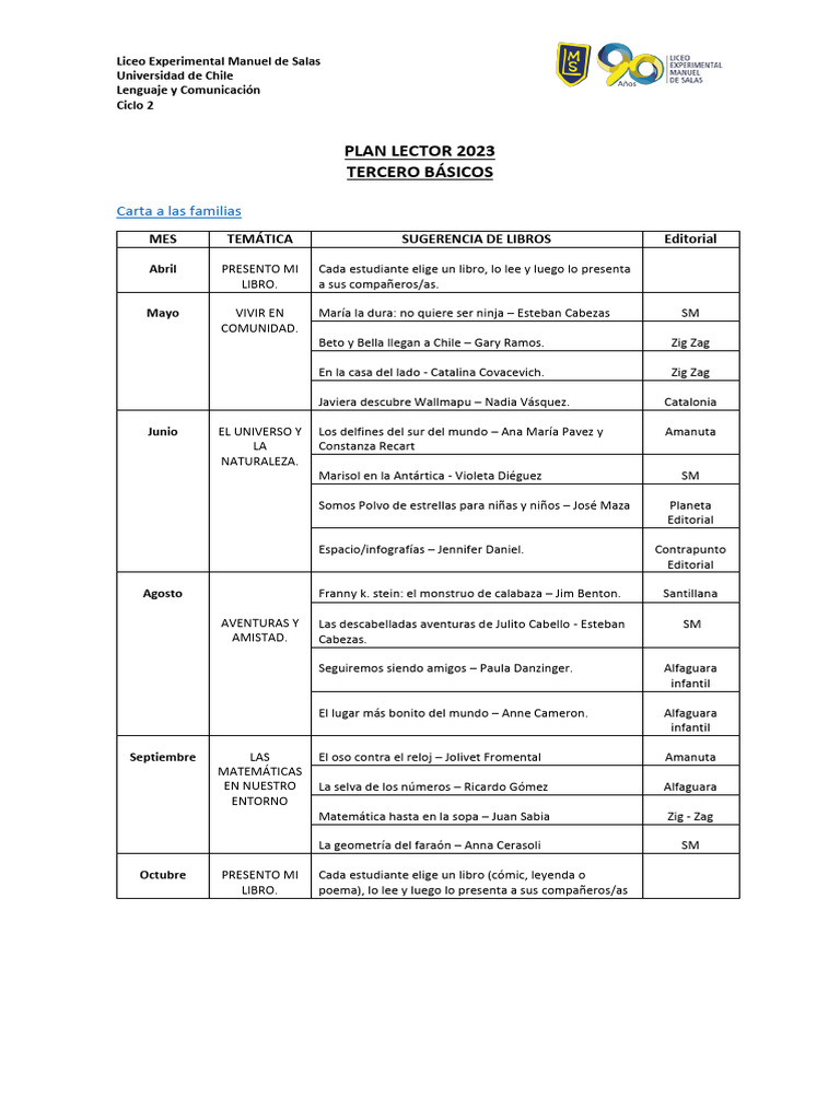 Plan Lector Tercero Basico 2023 1 | PDF