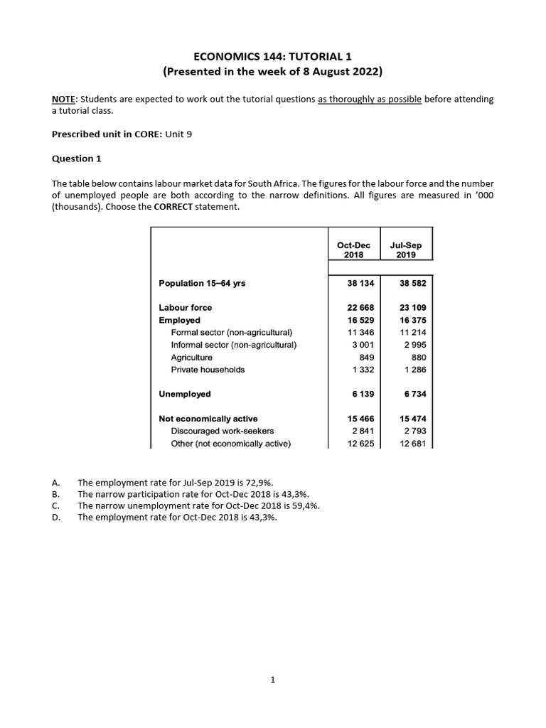 Economics 144 Tutorial 1 | PDF | Labour Economics | Unemployment