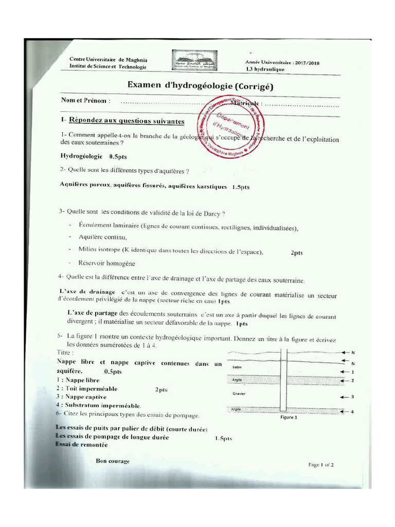Examen1 Hydrogéologie | PDF