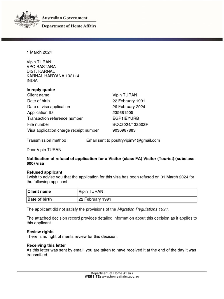 Visitor Visa 600 Refusal Notice | PDF | Travel Visa | Policy