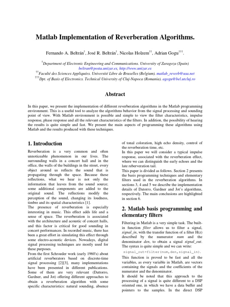 Matlab Implementation Of Reverberation Algorithms Pdf Filter Signal Processing