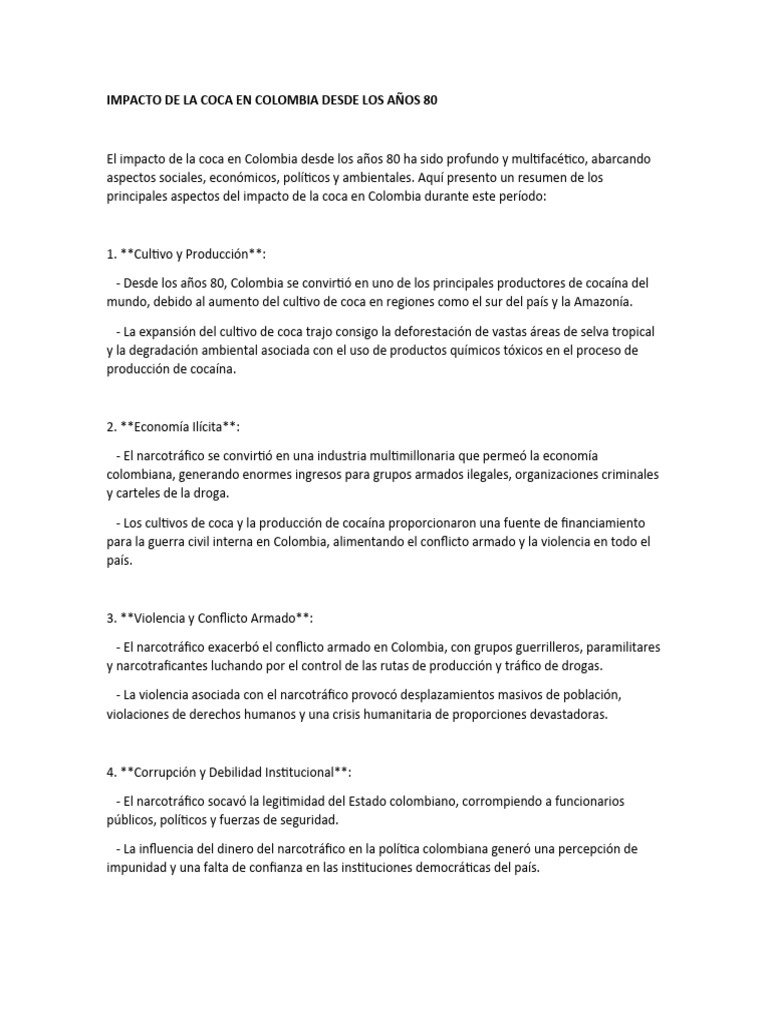 IMPACTO DE LA COCA EN COLOMBIA DESDE LOS AÑOS 80 | PDF | Comercio ilegal de drogas | Coca