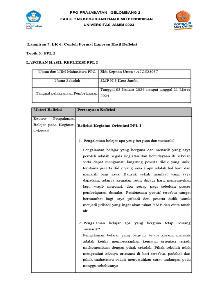 TOPIK 5. LK 6 - Contoh Format Laporan Hasil Refleksi PPL I - ELDI SEPTIAN UMRA | PDF | Karier ...