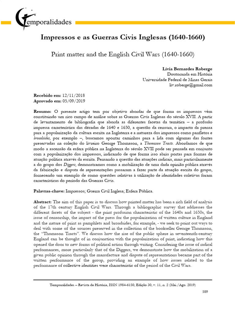 Impressos e As Guerras Civis Inglesas (1640-1660) : Print Matter and ...
