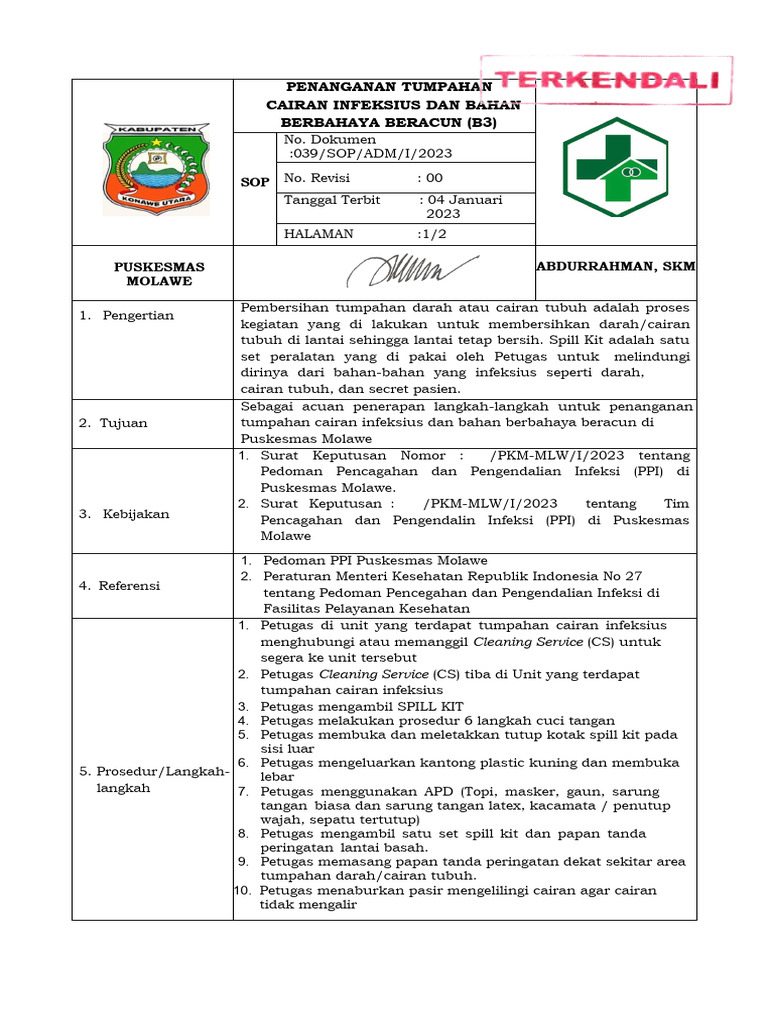 6.1.4.3.d.1 File 1 SOP PENANGANAN TUMPAHAN CAIRAN INFEKSIUS DAN B3 | PDF | Sains & Matematika
