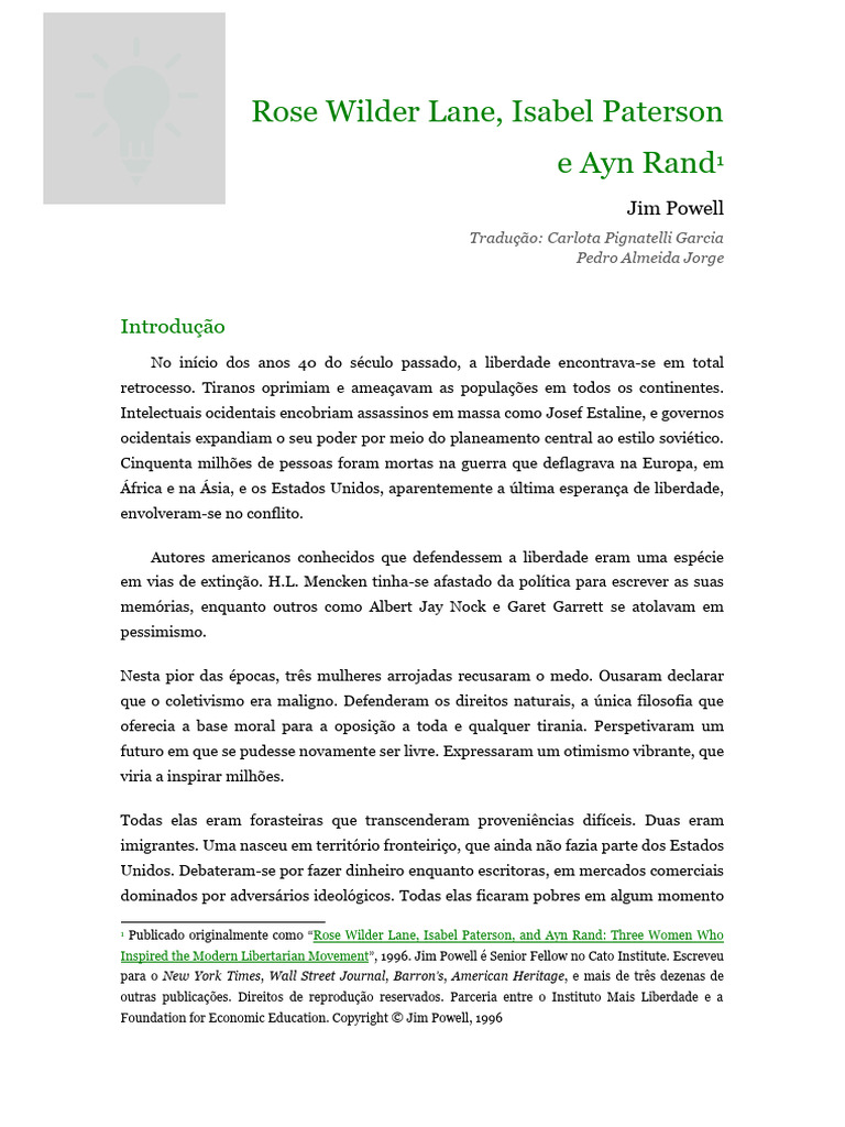 Rose Wilder Lane - Isabel Paterson e Ayn Rand-1 | PDF | Ayn Rand ...