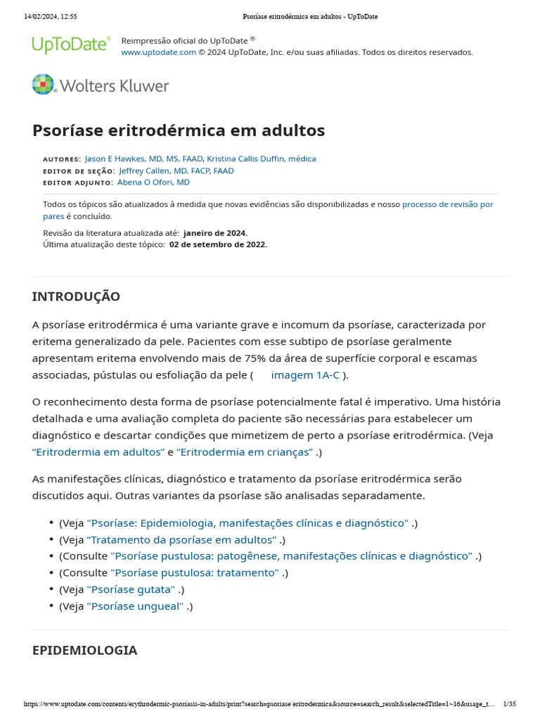 Psoríase Eritrodérmica em Adultos - UpToDate | PDF | Psoriasis | Hiv/Aids