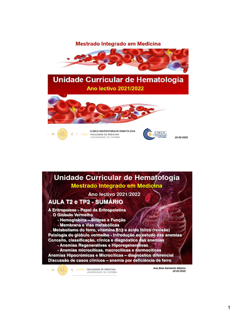 Aulas T2 e TP2 - Hematologia 2021-2022-2ºsem-ALUNOS | PDF | Ferro | Anemia