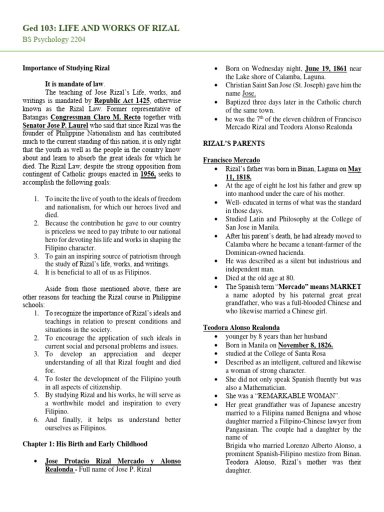 GEd 103 Life and Works of Rizal Reviewer | PDF