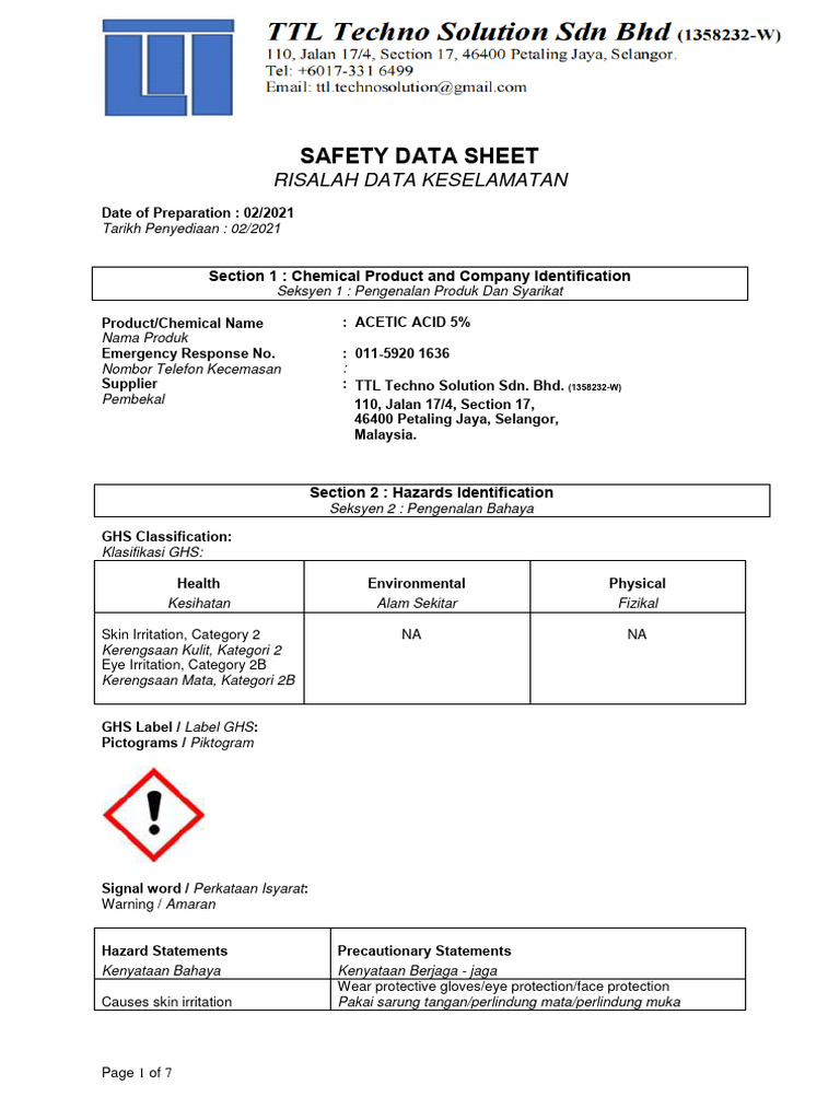 Acetic Acid 5% SDS | PDF