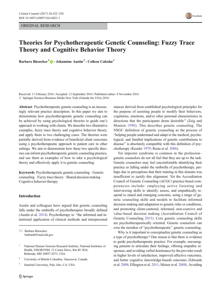 Journal of Genetic Counseling - 2016 - Biesecker - Theories For Psychotherapeutic Genetic ...