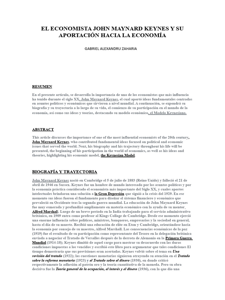 El Economista John Maynard Keynes y Su Aportaciã - N Hacia La Economã - A | PDF | John Maynard ...