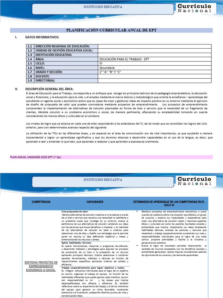 Plan Anual Ept 1° Sec 2023 | PDF | Iniciativa empresarial | Aprendizaje