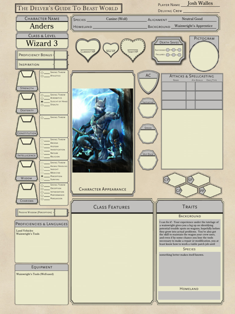 The Delver's Guide To Beast World - Character Sheet - Anders (Wolf ...