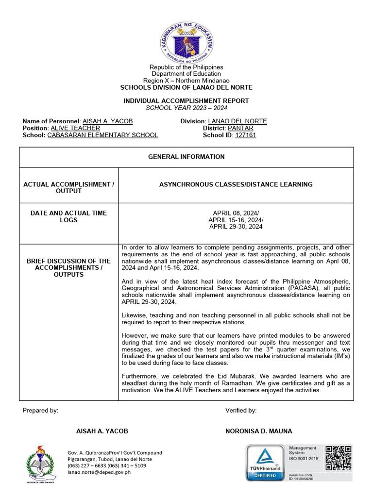 Asynchronous Distance Learning Accomplishment Report | PDF | Teachers | Distance Education