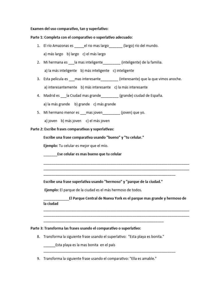 Examen de Comparativo y Superlativo | PDF