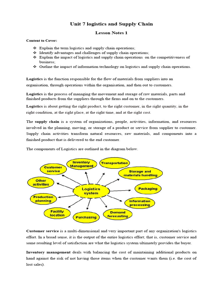 Unit 7 Lesson 1 Logistics Notes | PDF | Logistics | Warehouse
