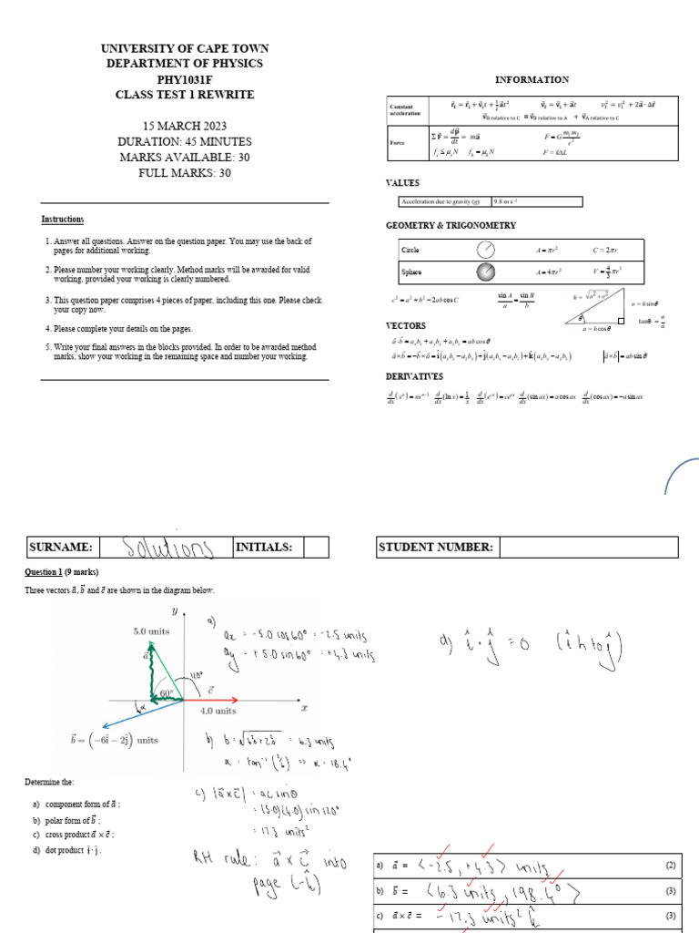 PHY1031 Class Test 1 Rewrite 2023 | PDF | Euclidean Geometry | Motion ...