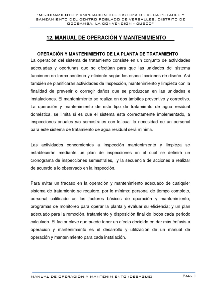 12.manual O&M - PTAR | PDF | Tratamiento de aguas residuales | Agua