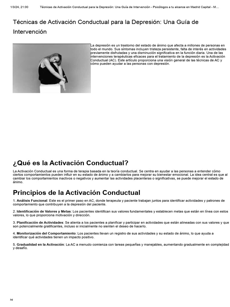 Art Activación Conductual Técnicas para La Depresión Guía de ...