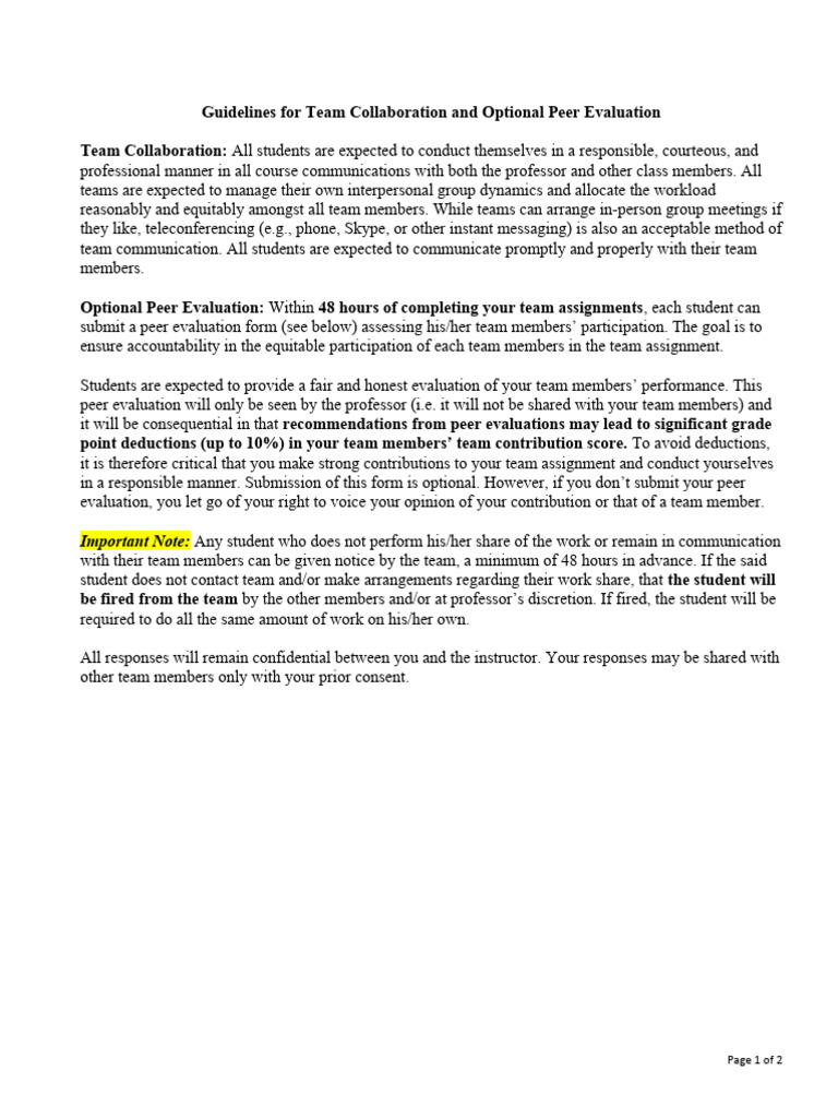 Teaming Guidelines & Peer Evaluation Form | PDF | Communication ...