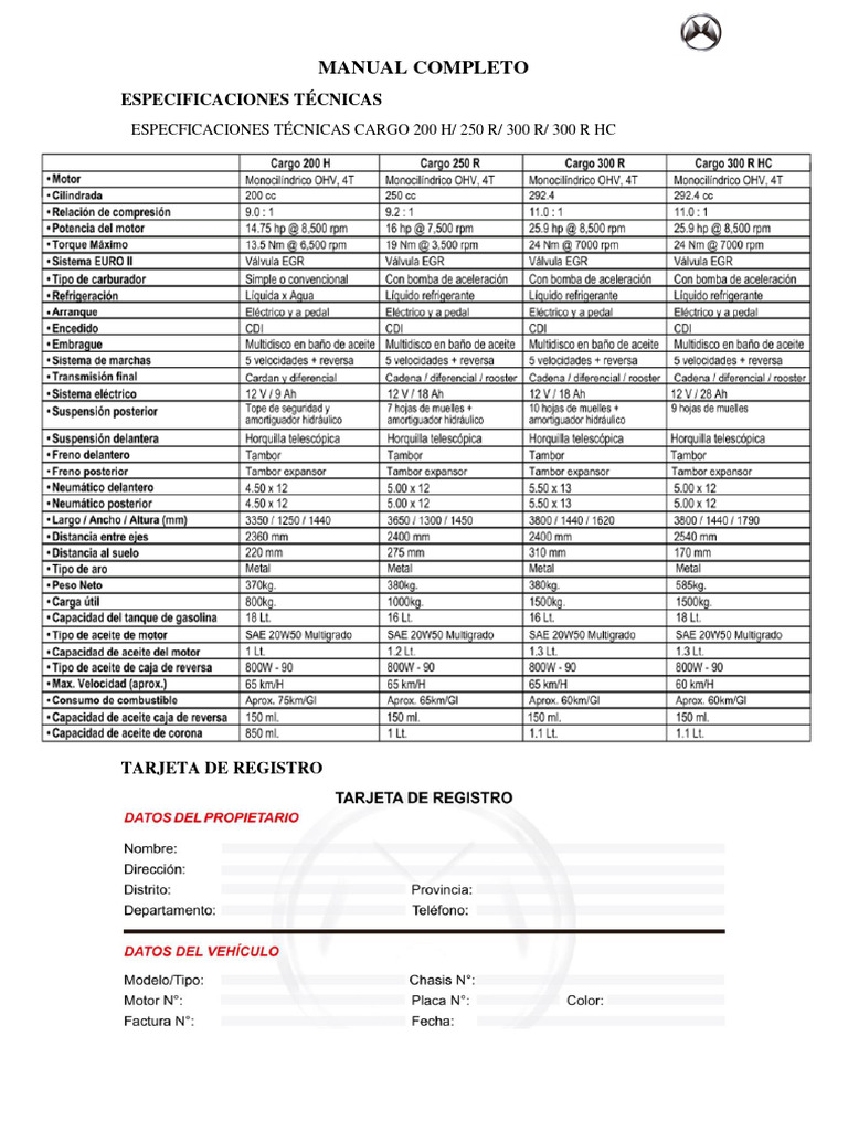 Especificaciones Mavila Cargo 250R/300R | PDF | Embrague | Agua