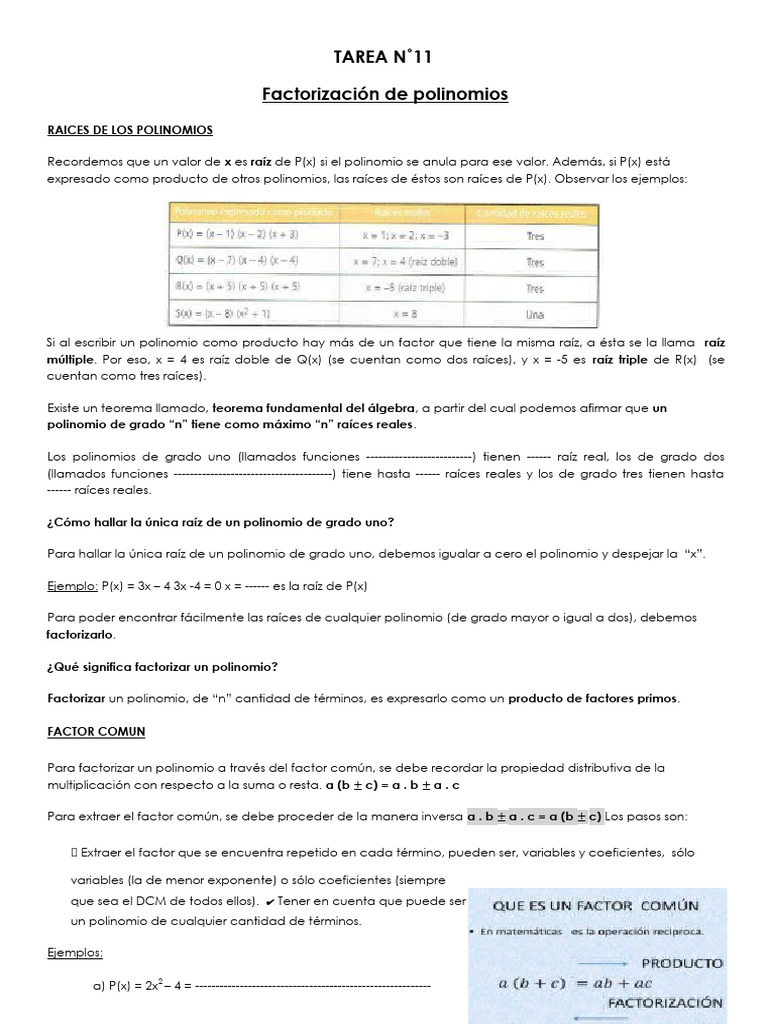Tarea Nº11 (Factorización de Polinomios) | PDF | Factorización | Matemáticas De La Computación