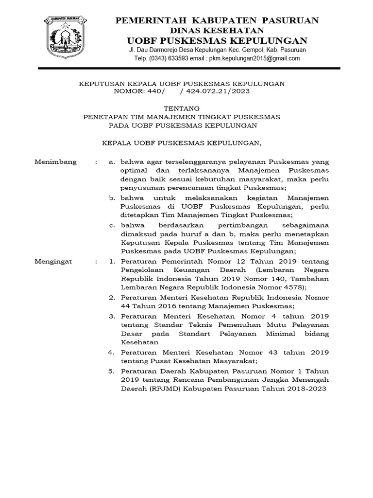 Penetapan Tim Manajemen Puskesmas 2023 | PDF | Sains & Matematika