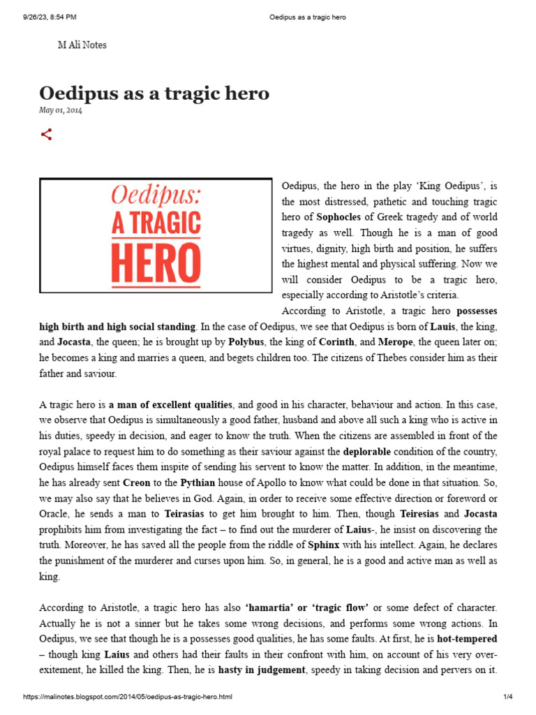 Oedipus As A Tragic Hero | PDF | Oedipus | Tragedy