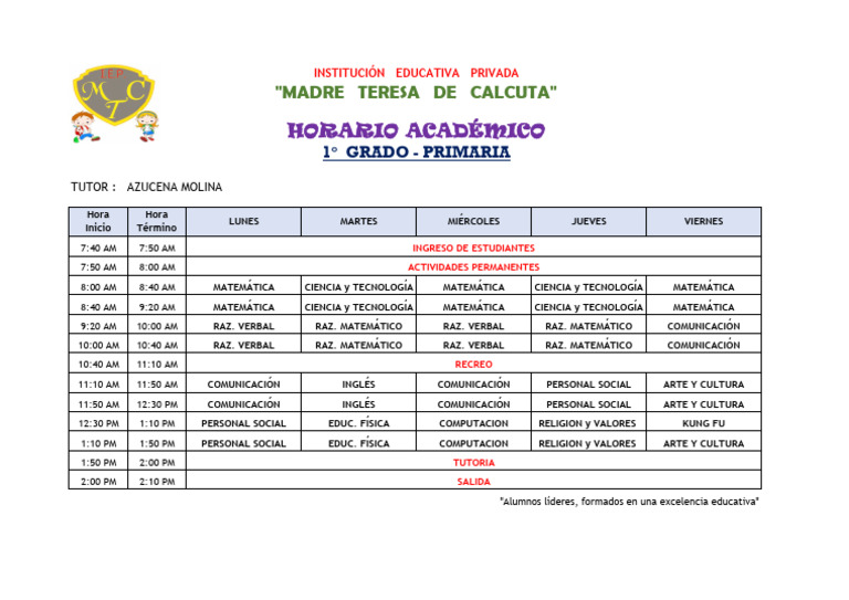 Horario 1° Grado | PDF