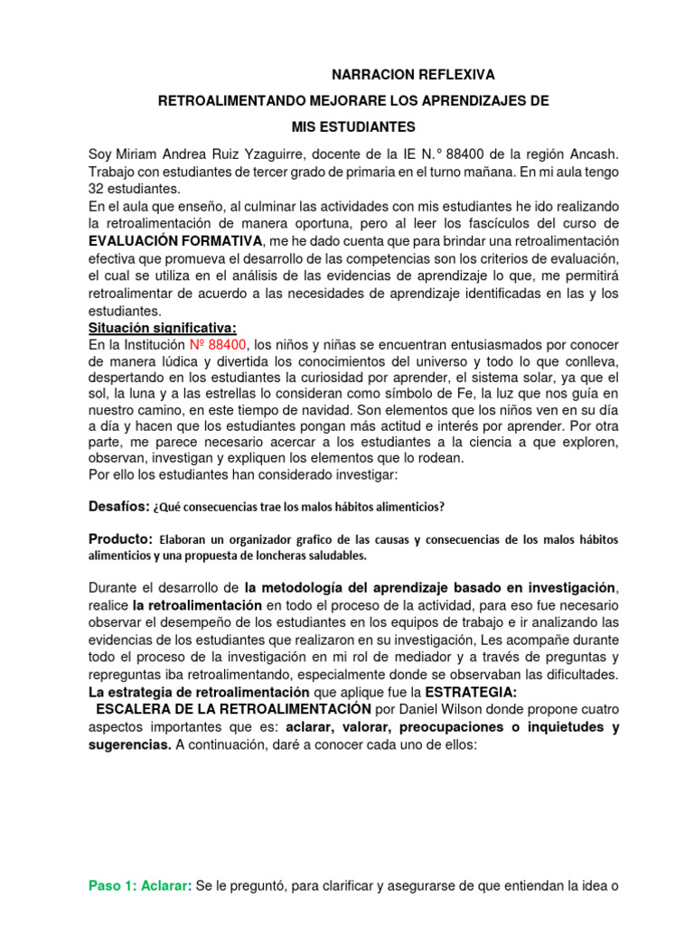 NARRACION REFLEXIVA-Evaluación Formativa | PDF | Aprendizaje | Evaluación