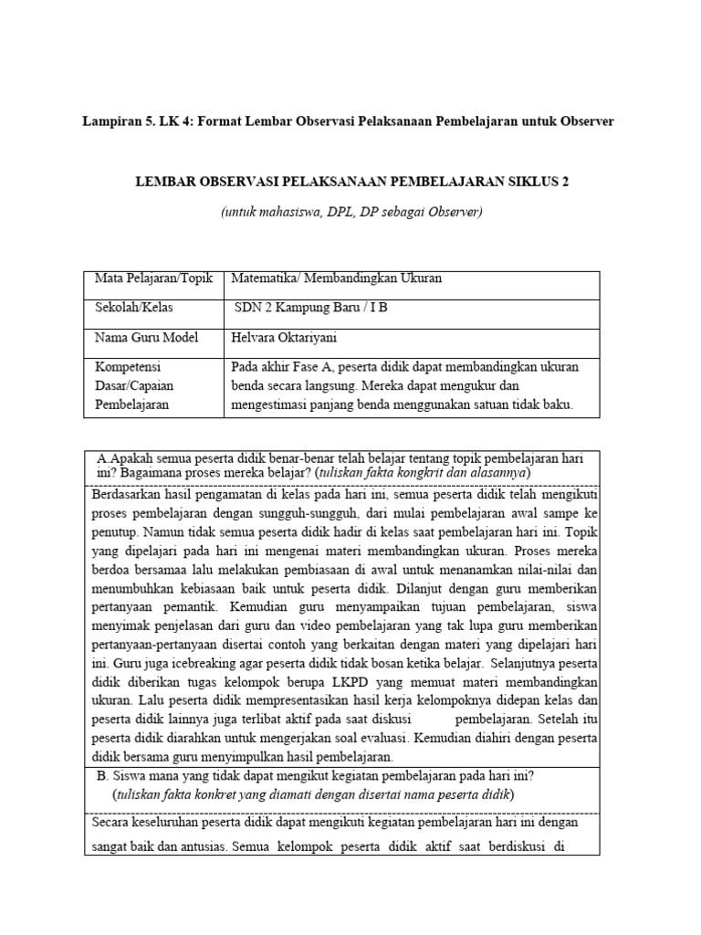 Siklus 2 Lampiran 5 LK 4 FORMAT LEMBAR OBSERVASI PELAKSANAAN PEMBELAJARAN | PDF