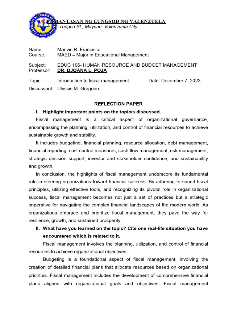 Reflection-Hrm-Fiscal MGT | PDF | Sustainability | Governance