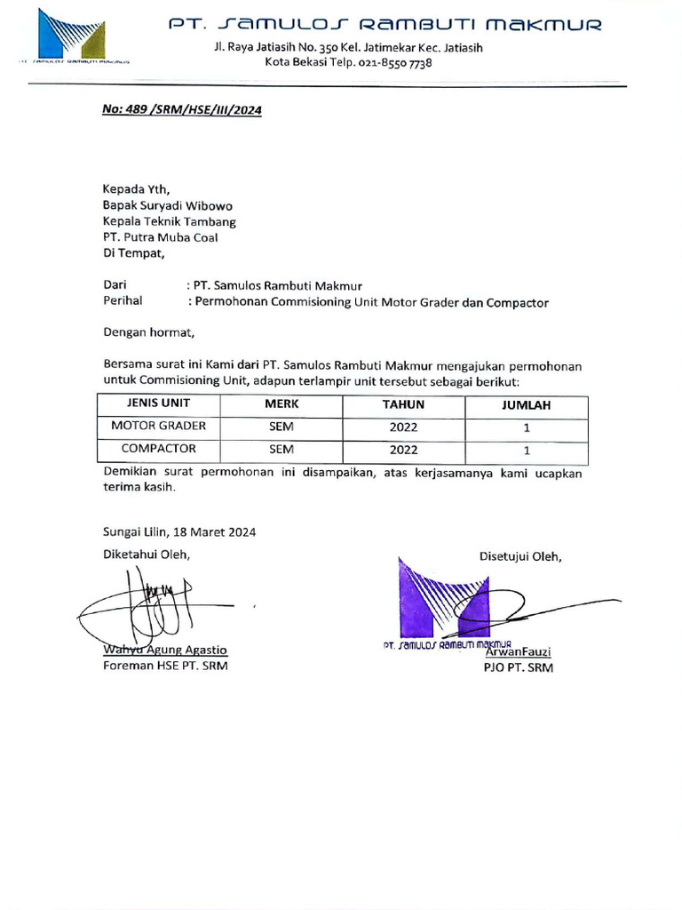 Permohonan Commissioning Motor Grader Dan Compactor - 1 | PDF