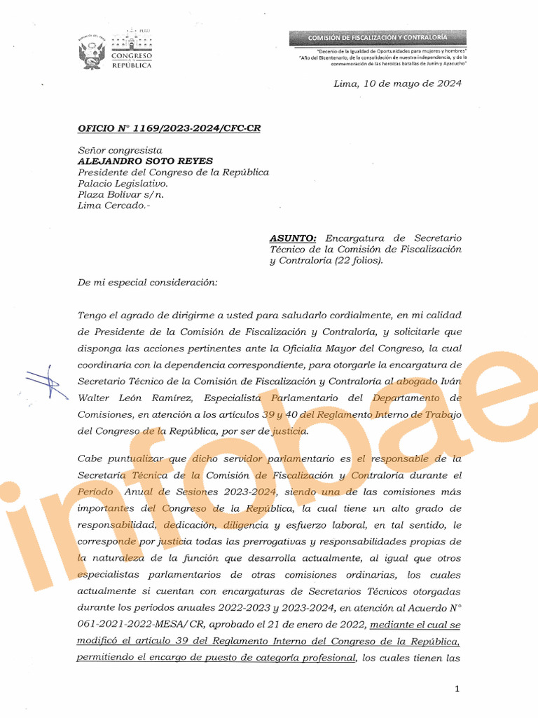 Oficio Remitido Por Presidente de La Comisión de Fiscalización | PDF
