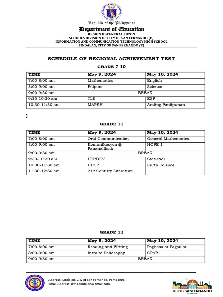 Department of Education: Schedule of Regional Achievement Test | PDF