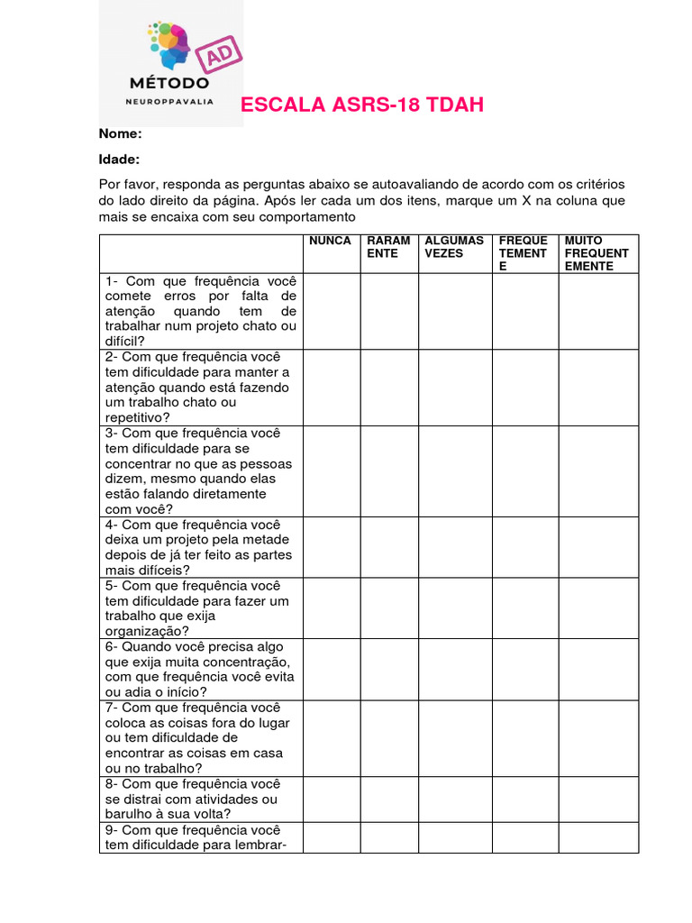 Escala Asrs-18 Tdah | PDF | Transtorno de déficit de atenção e ...