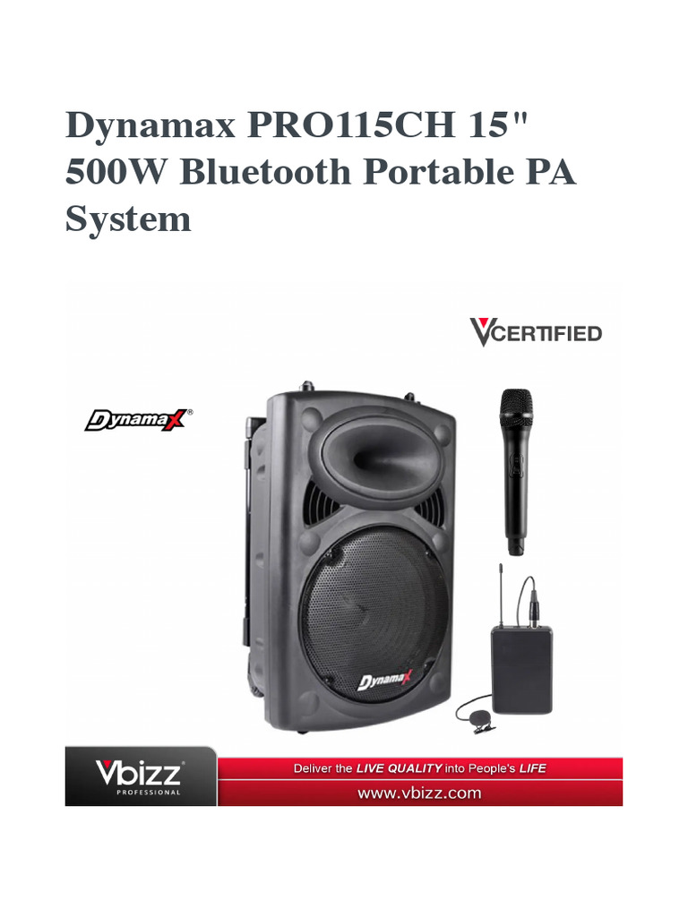 Dynamax PRO115CH 15" 500W Bluetooth Portable PA System | PDF