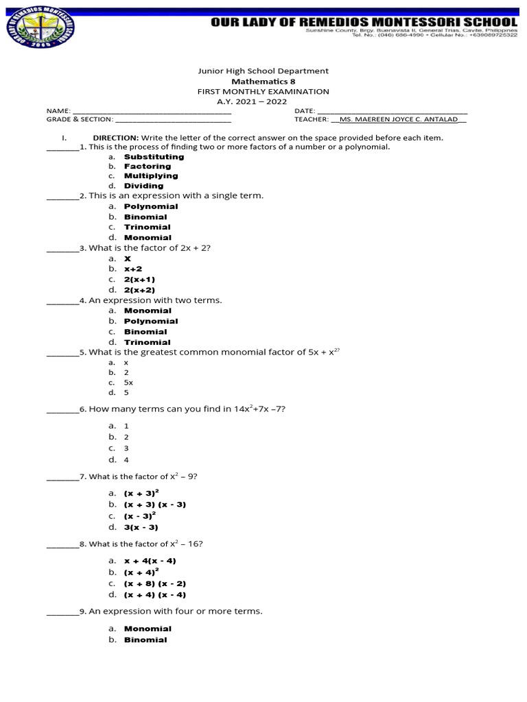 1st Monthly Exam in Math 8 | PDF | Factorization | Numerical Analysis