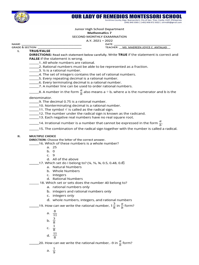 Math 7 Monthly Exam: Rational Numbers | PDF | Numbers | Rational Number