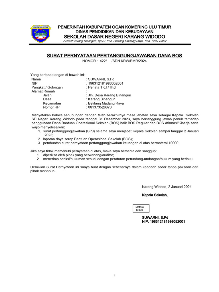 Surat Pernyataan SPJ Bos | PDF