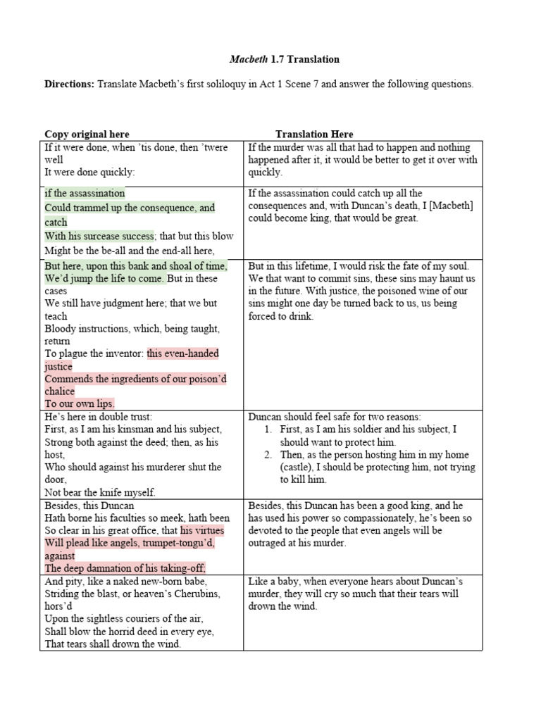Macbeth Act 1.7 Translation | PDF