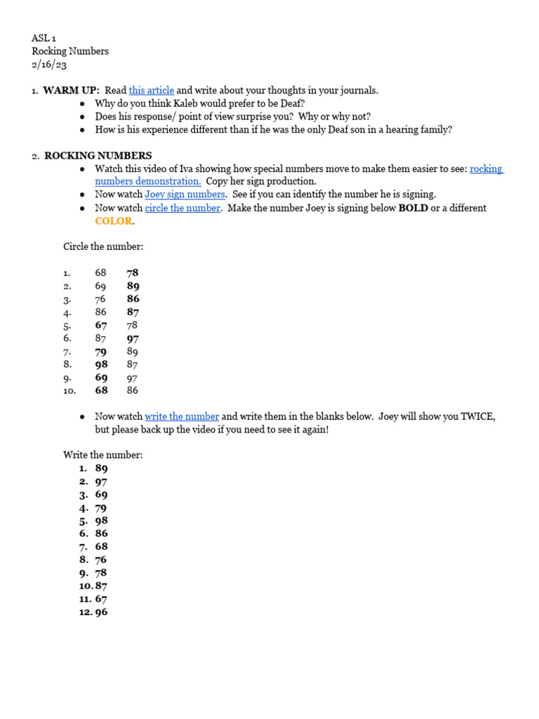 ASL 1 - 4-3 ROCKING NUMBERS | PDF